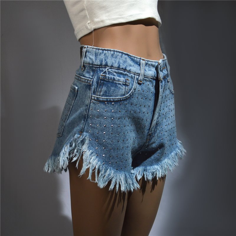 Mujer Short jean rigido desflecado frente estrass bolsillos